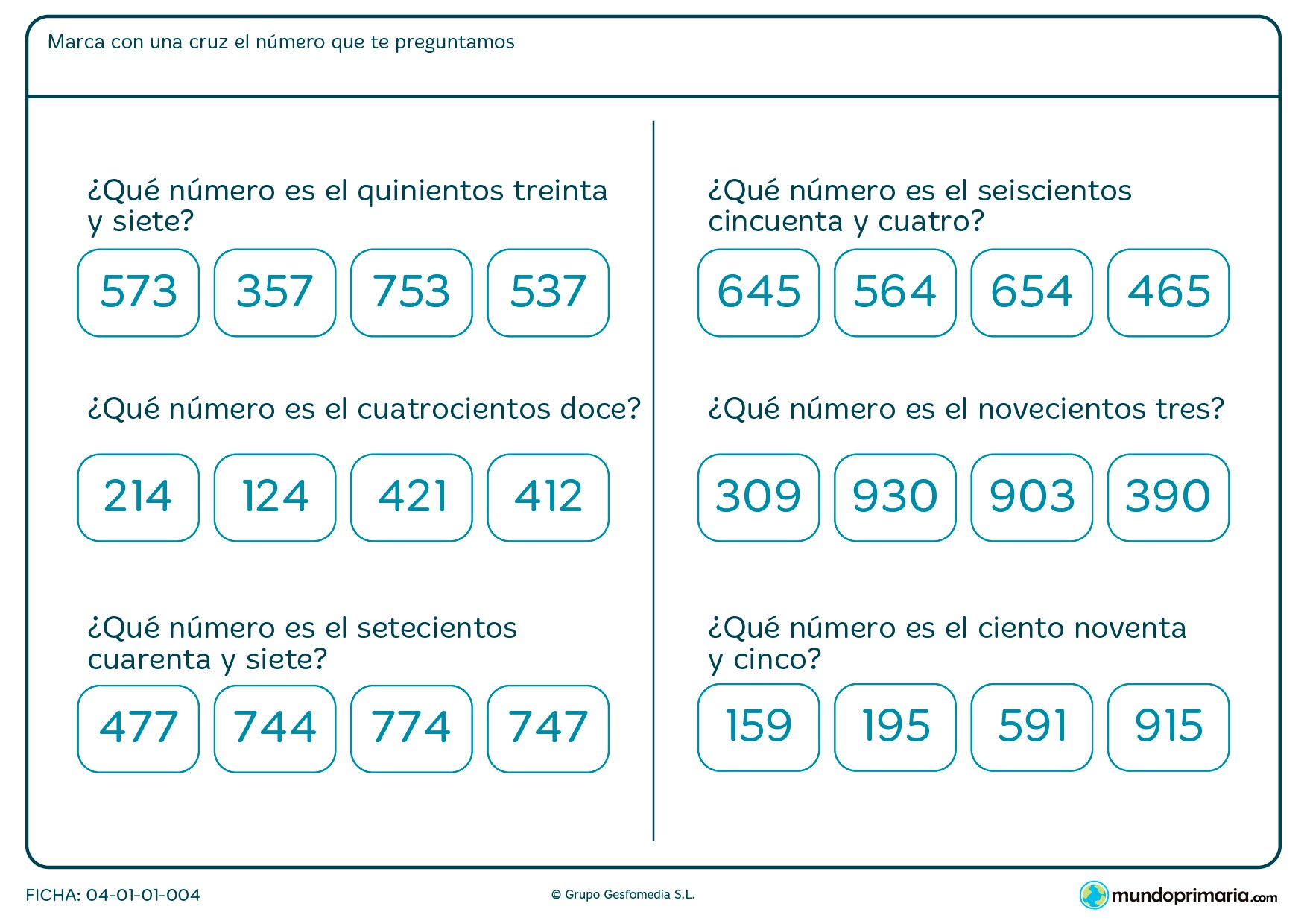 Ficha de números de tres cifras para primaria