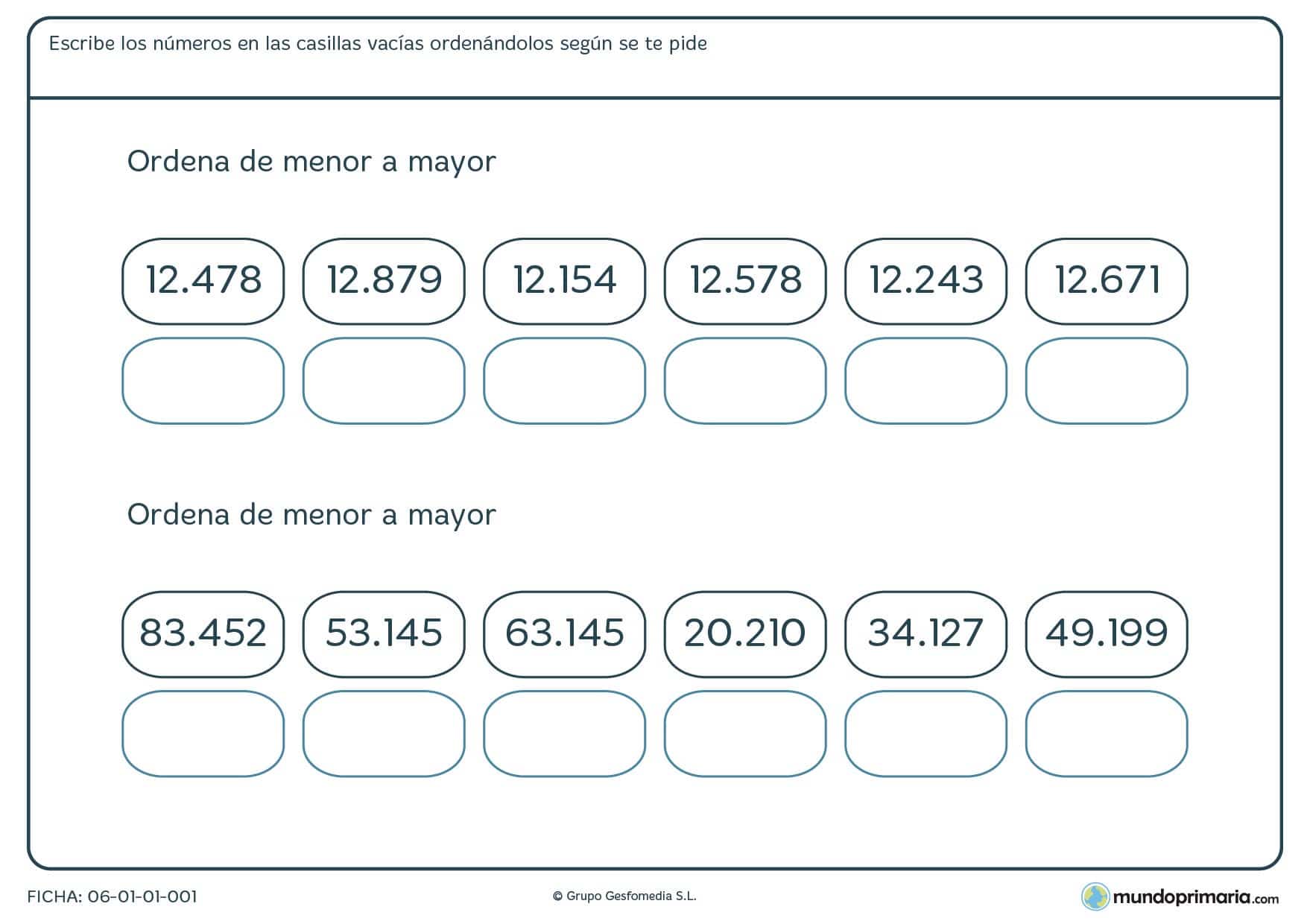 Fichas para ordenar números para primaria