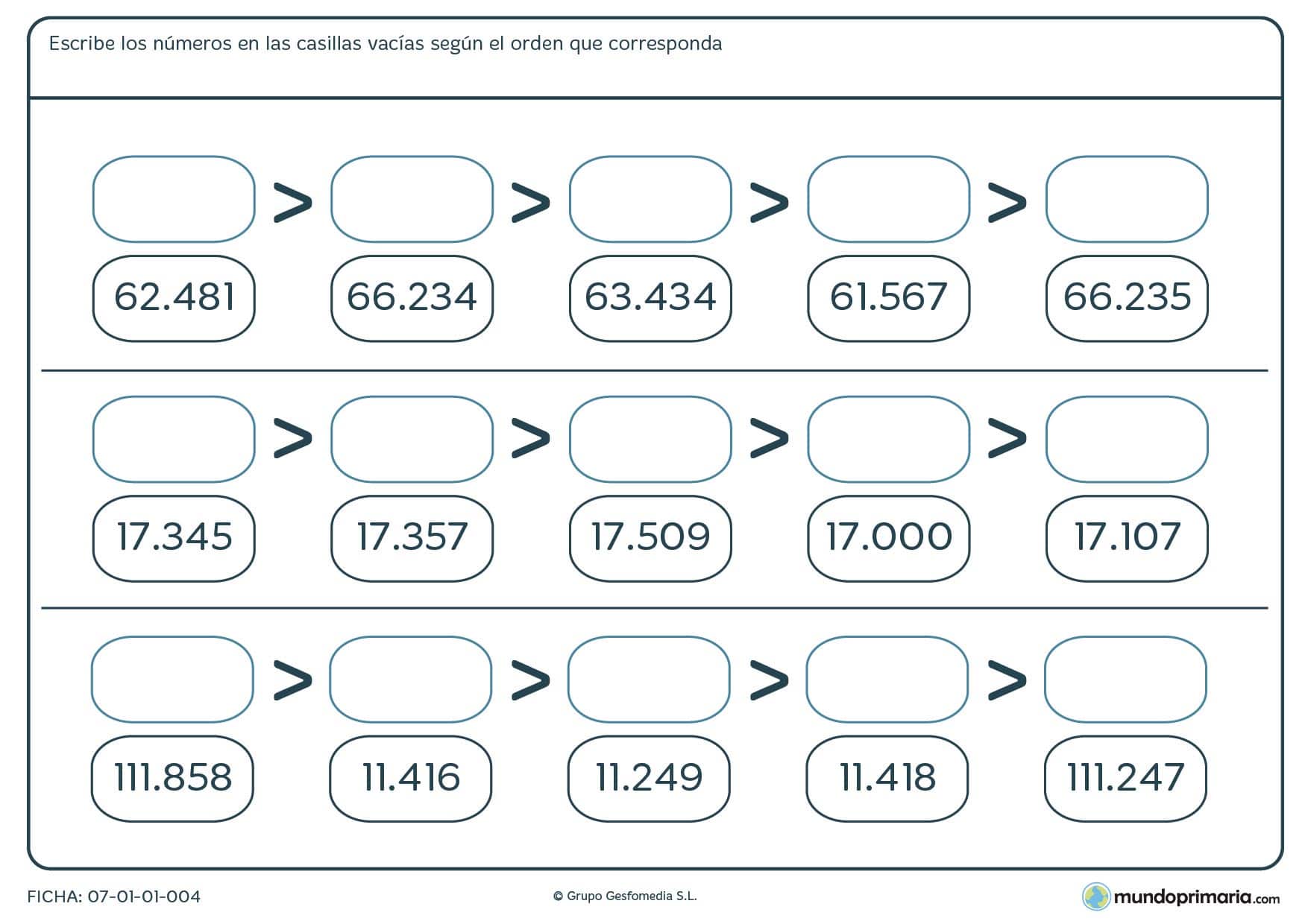 Ficha de ordenar de mayor a menor números para primaria – Mundo Primaria