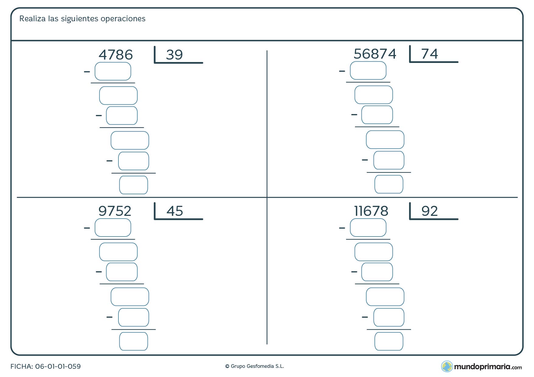 Ficha con cuatro divisiones y sus pasos para niños de 4º de Primaria ...