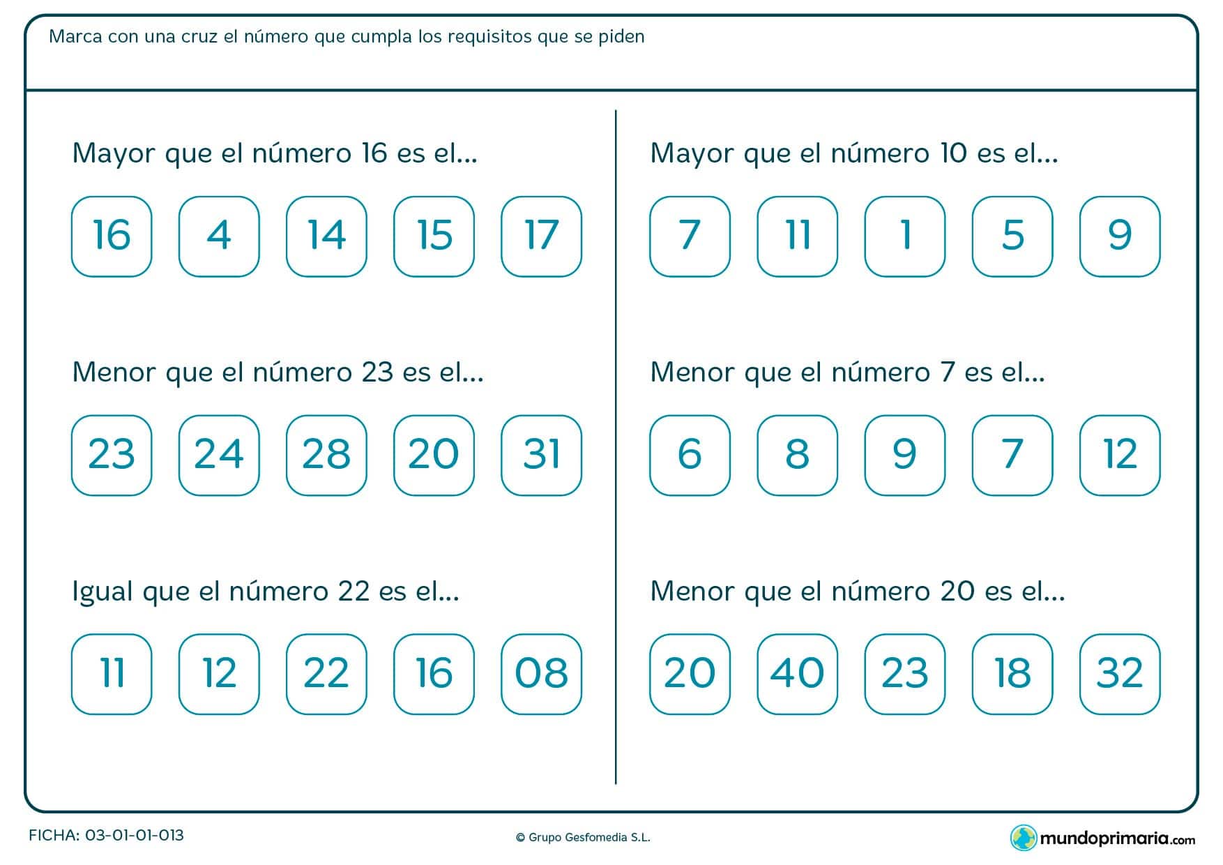 Ficha de orden de los números para Primaria - Mundo Primaria