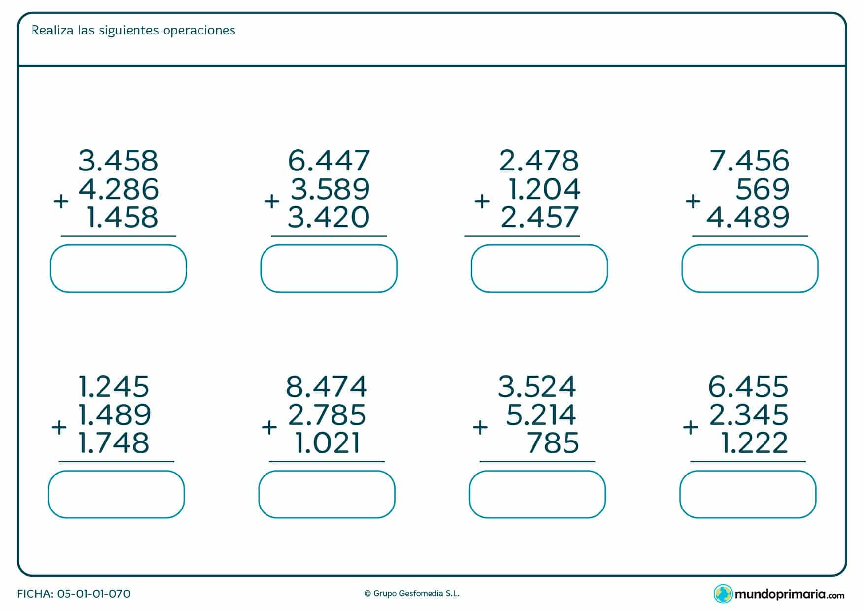 Ficha de resolver sumas de 3 números hasta cuatro cifras en Primaria ...