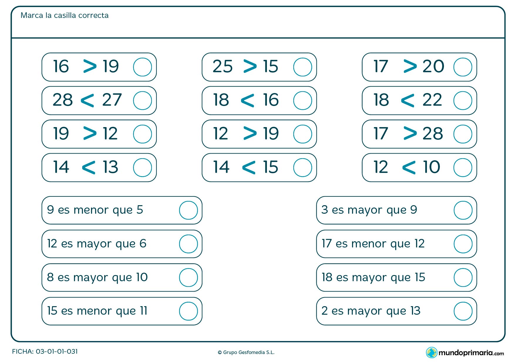 Ficha de qué número es mayor o menor para Primaria - Mundo Primaria